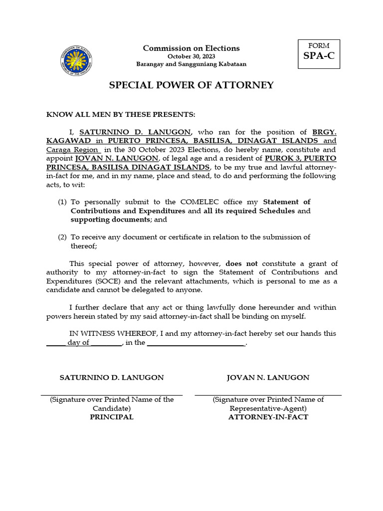 SPA for SOCE Submission by Candidate | PDF | Power Of Attorney | Government