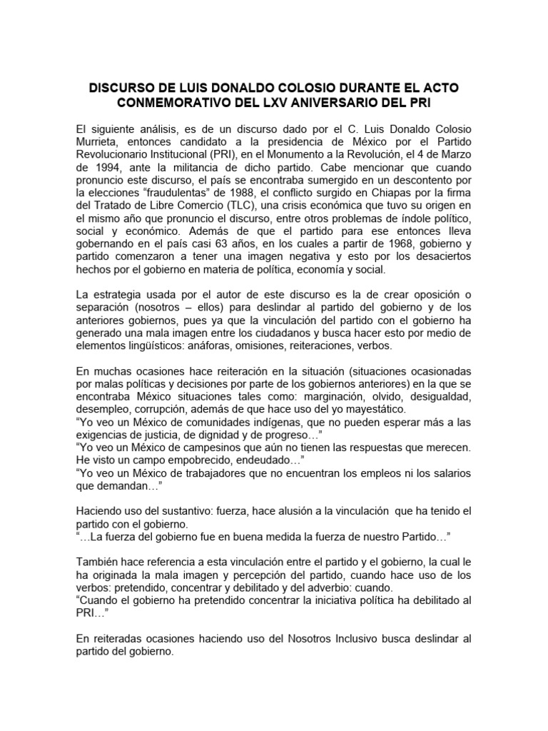 Discurso de Luis Donaldo Colosio Durante El Acto Conmemorativo Del LXV ...