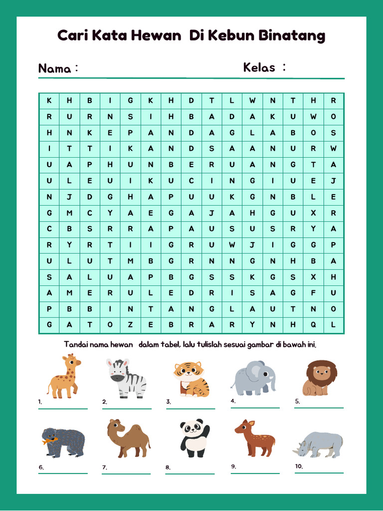 Lembar Kerja Cari Kata Hewan Kebun Binatang Hijau Ilustrasi | PDF