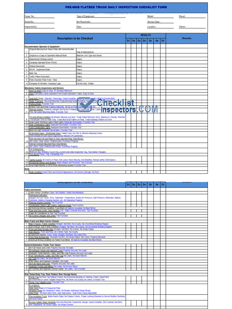 Pre Mob Flatbed Truck Daily Inspection Checklist Form | PDF | Truck | Tire