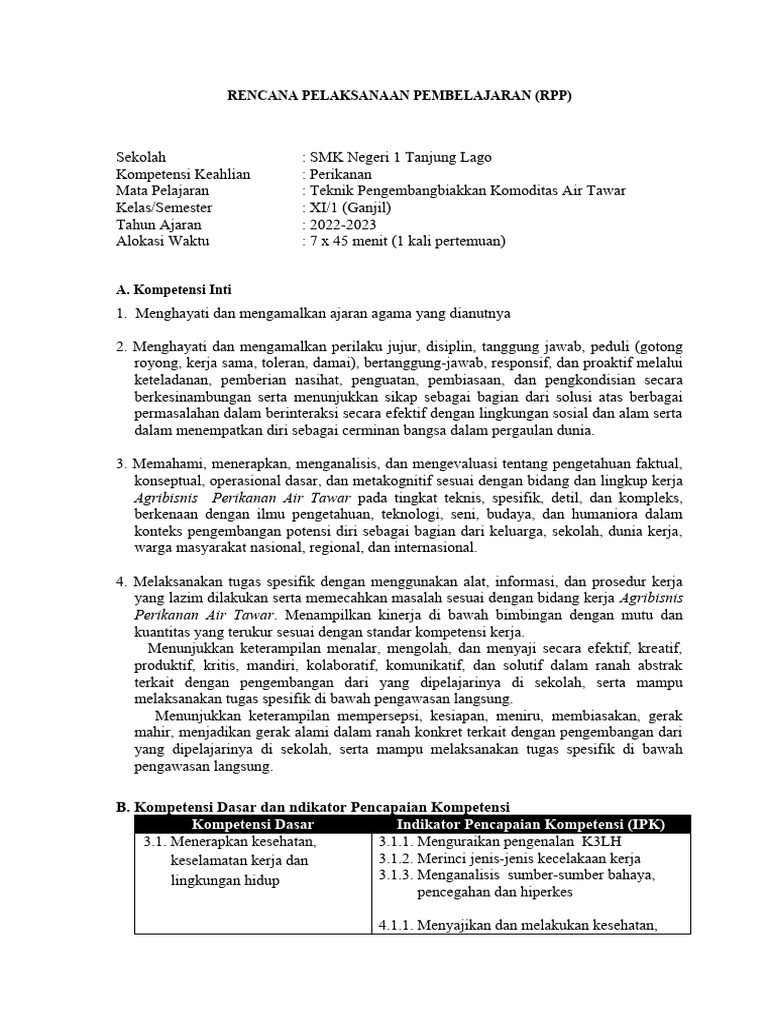 RPP Semester Ganjil Dan Genap (1) TEKNIK PENGEMBANGBIAKAN KOMODITAS PERIKANAN AIR TAWAR | PDF
