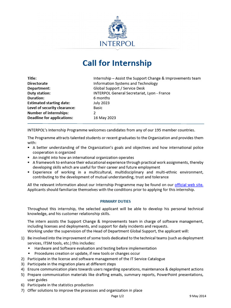 INT03983 - Call for Internship - Support Change & Improvement Team ...