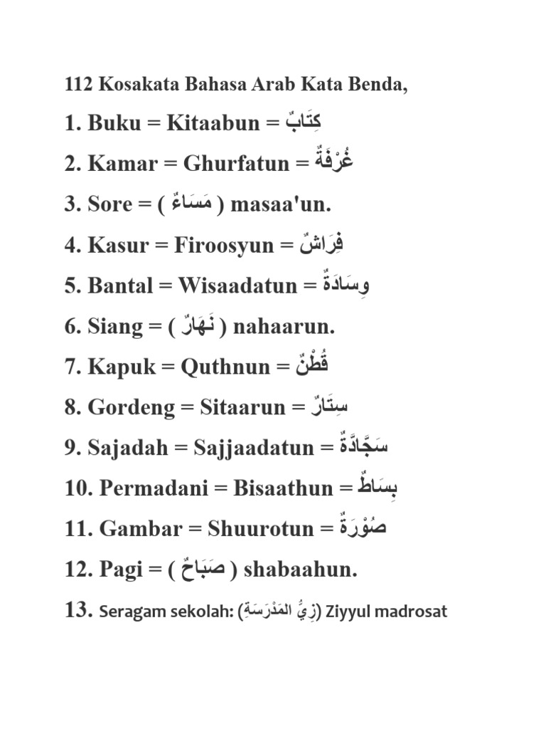 112 Kosakata Bahasa Arab Kata Benda | PDF