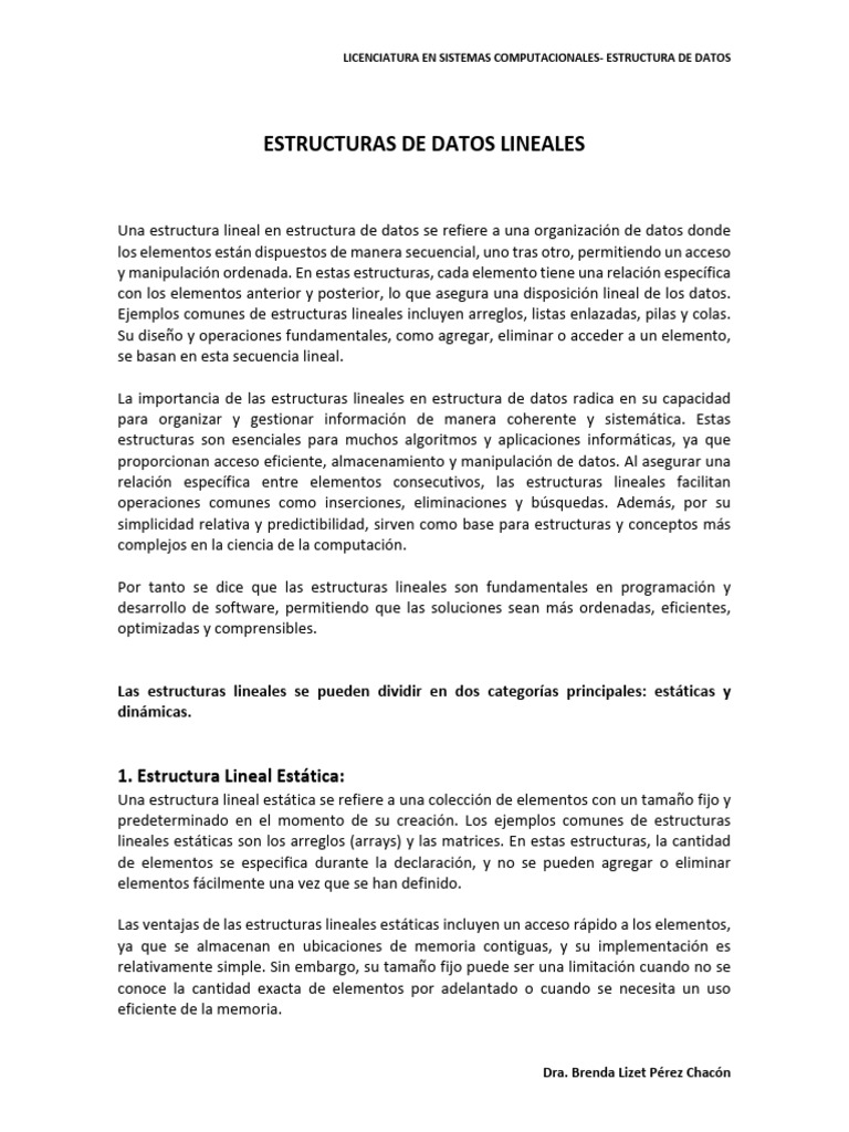 Estructuras de Datos Lineales | PDF | Almacenamiento de datos de la computadora | Estructura de ...