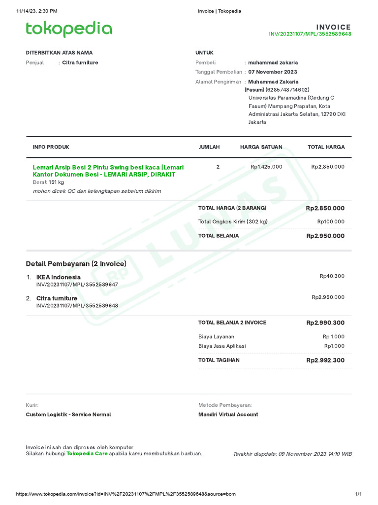 Invoice - Tokopedia - Lemari UPPS | PDF