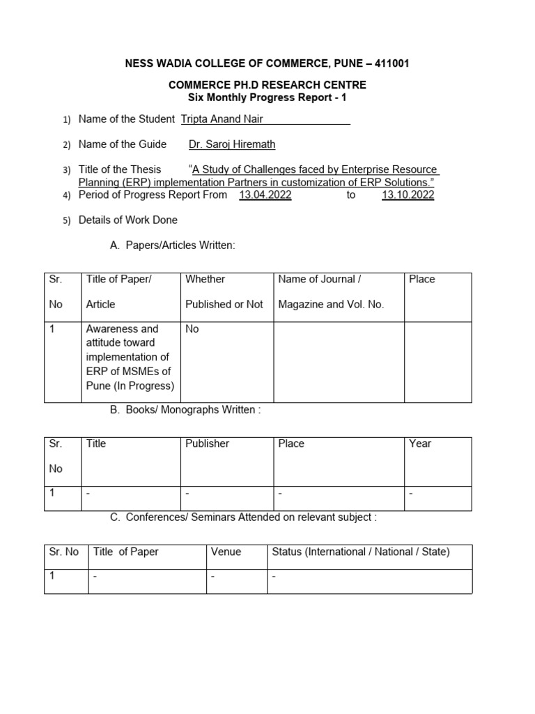 Tripta - 6 Montly Progress Report-1 | PDF | Enterprise Resource Planning | Business