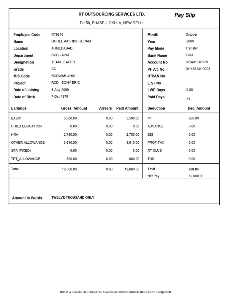 Pay Slip: RT Outsourcing Services LTD | PDF