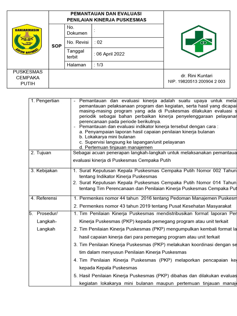 Sop Pemantauan Dan Evaluasi Penilaian Kinerja Puskesmas | PDF