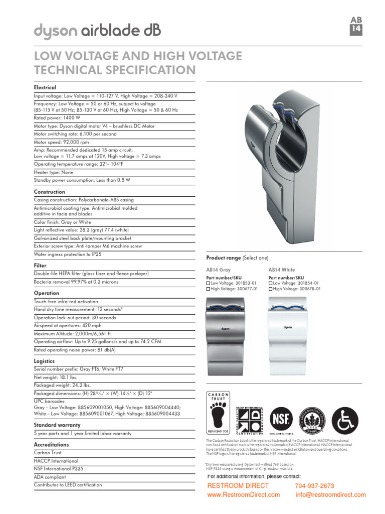 Dyson Airblade AB14 DB Tech Spec | PDF | Electric Motor | High Voltage