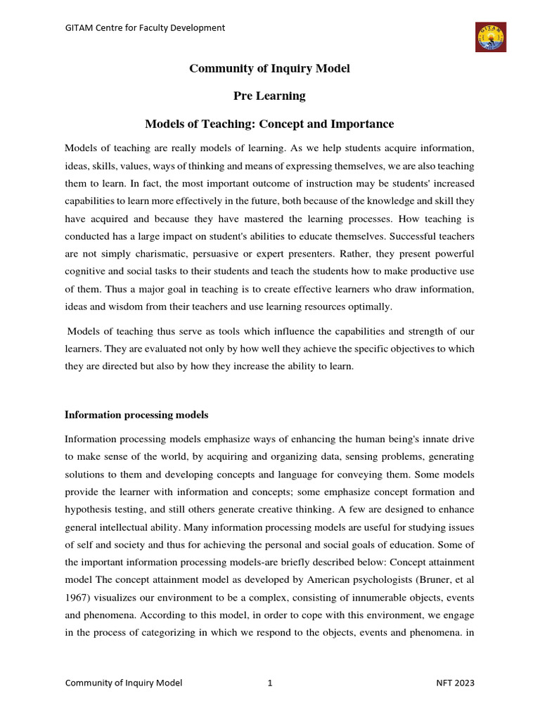 Community of Inquiry Model Pre Reading | PDF | Learning ...