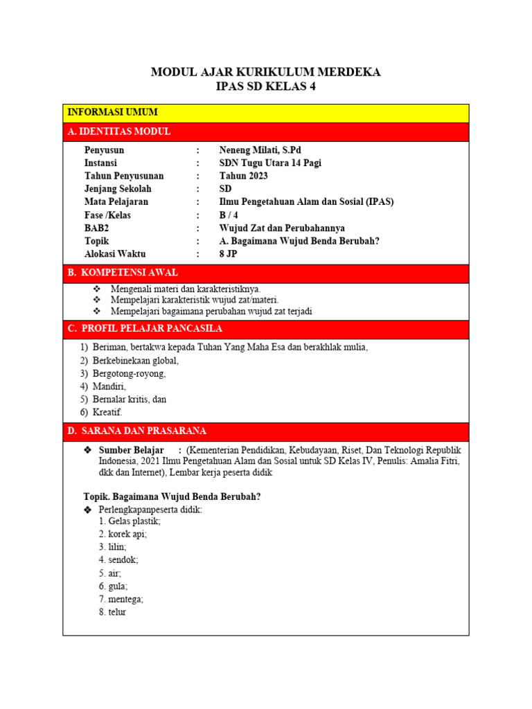 Modul Ajar Ipas (Perubahan Wujud Zat) | PDF | Karier & Perkembangan