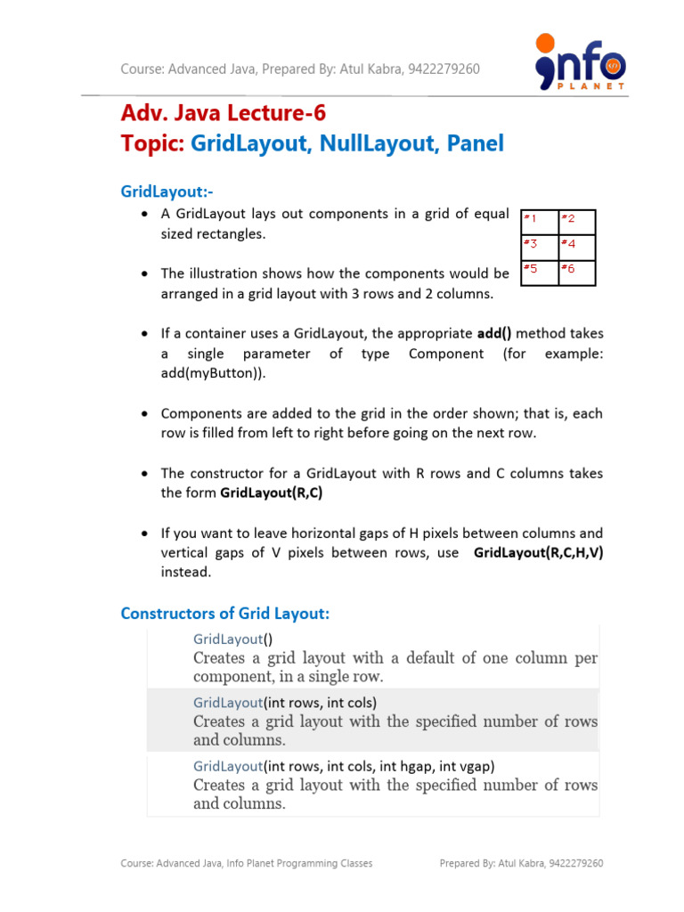 Adv Java Lec-6 Grid and Null Layout.1a15c88 | PDF | Constructor (Object Oriented Programming ...