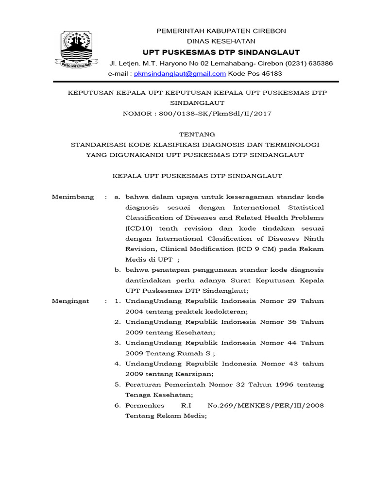 SK Standarisasi Kode Klasifikasi Diagnosis Dan Terminologi Yang Digunakan SDL Baru | PDF