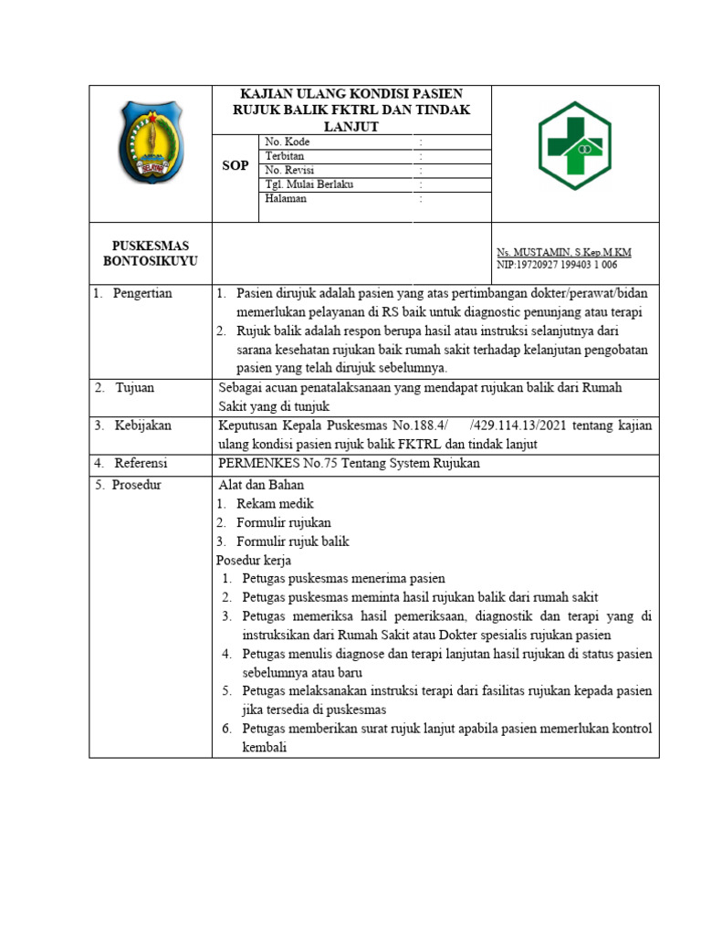 Sop Kajian Ulang Kondisi Pasien Rujuk Balik FKTRL Dan Tindak Lanjut | PDF