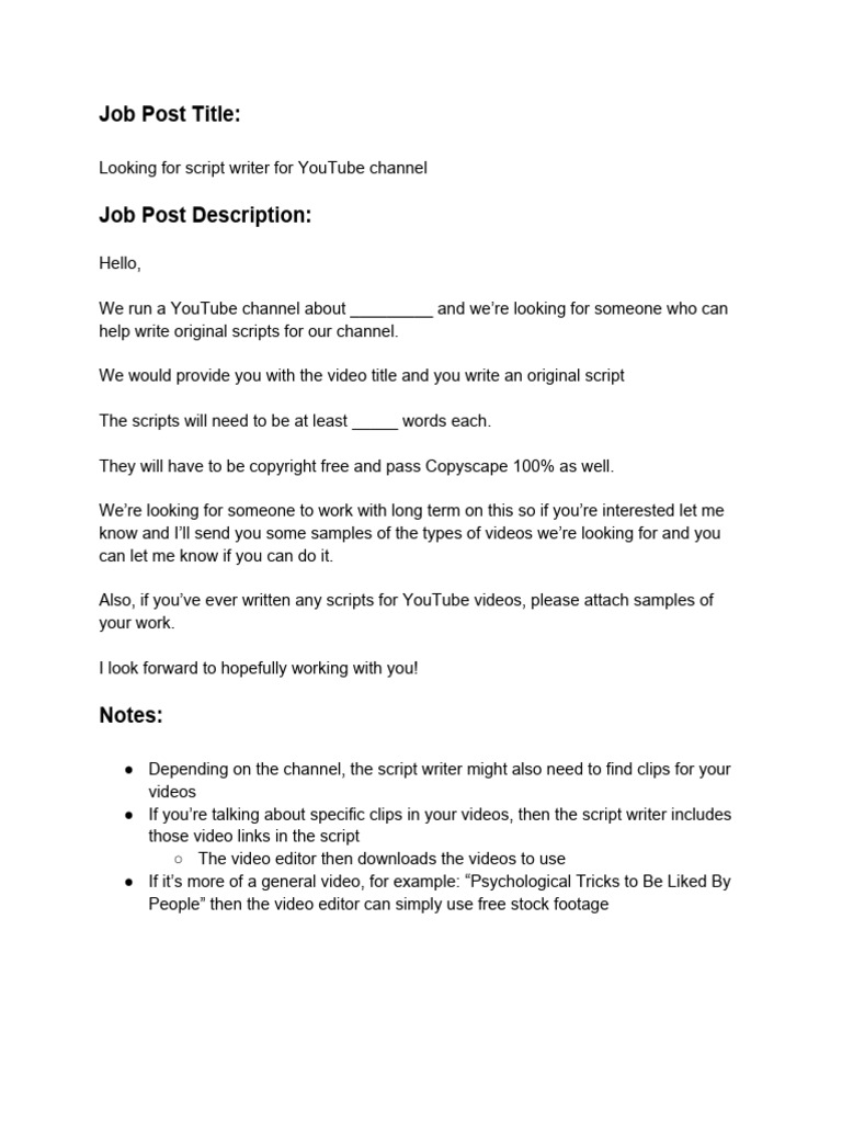 Script Writer Job Post Template | PDF | Career & Growth