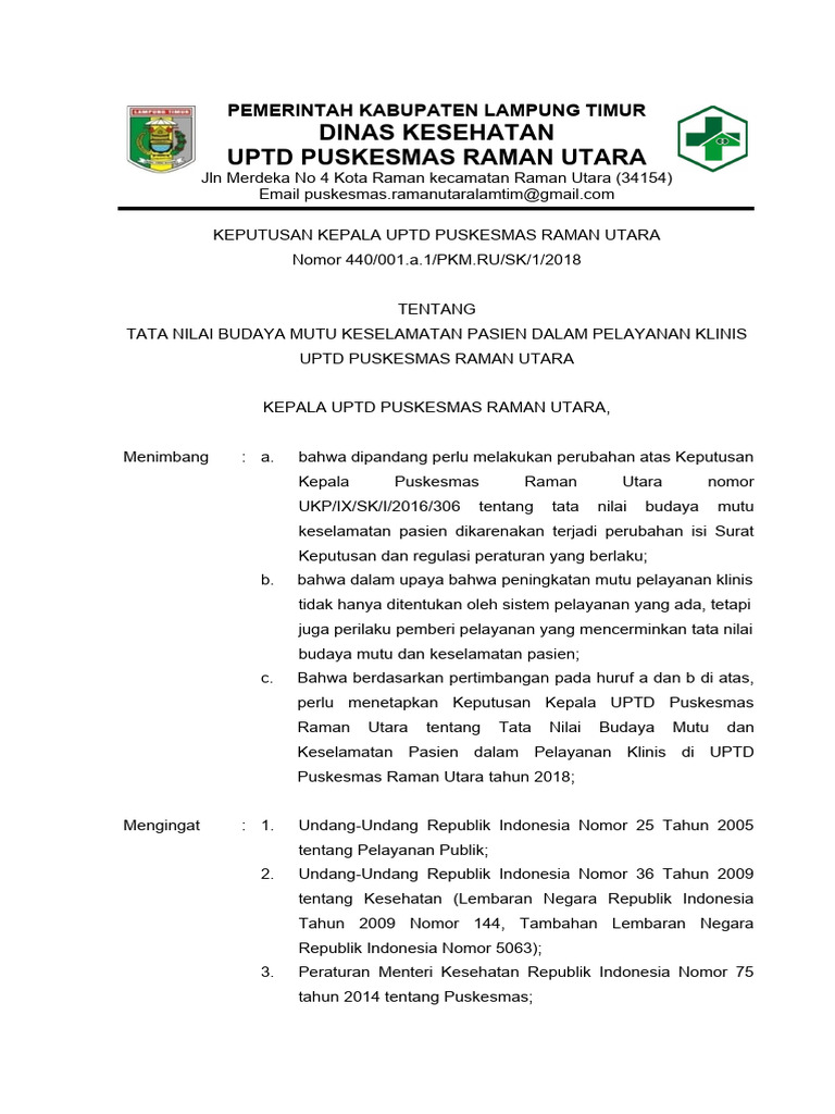 SK Tata Nilai Budaya Mutu Keselamatan Pasien Dalam Pelayanan Klinis | PDF