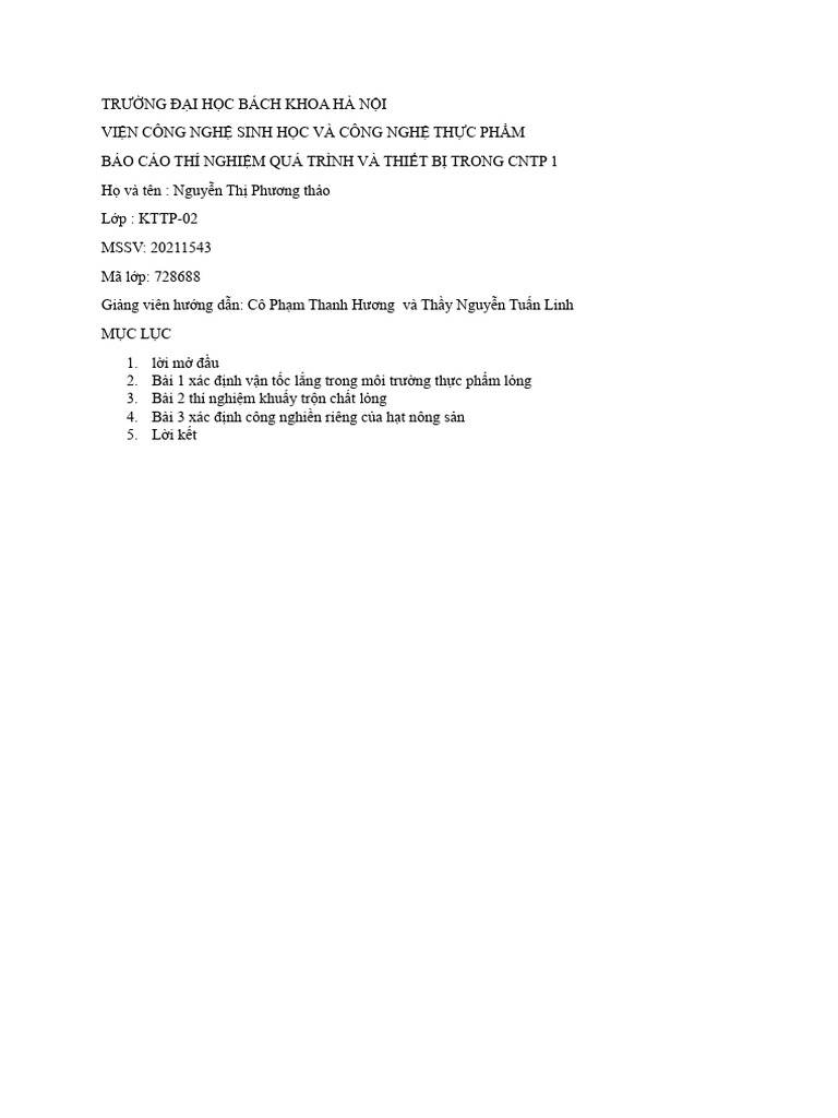 Báo Cáo Thí Nghiệm QTTB CNTP 1 | PDF