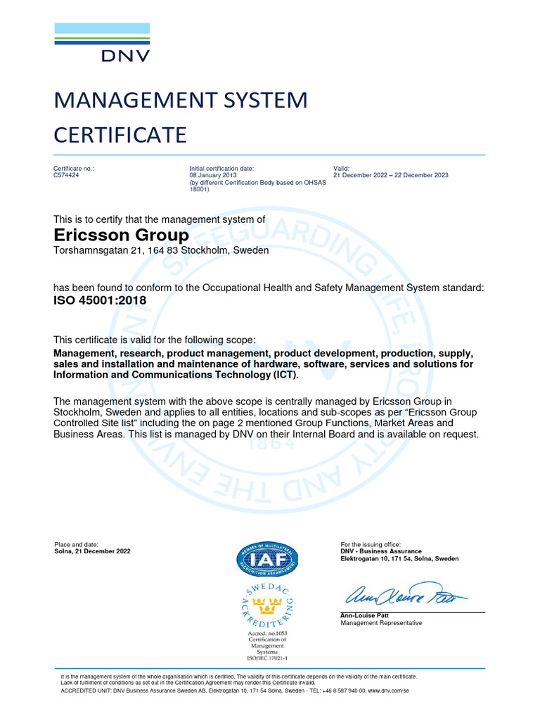 Ericsson - Iaf Iso 45001 - Ericsson Group | PDF | Ericsson | Certification