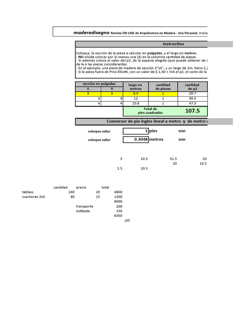 Cálculo p2 de madera y conversor pie-metro (1) (version 1) | PDF