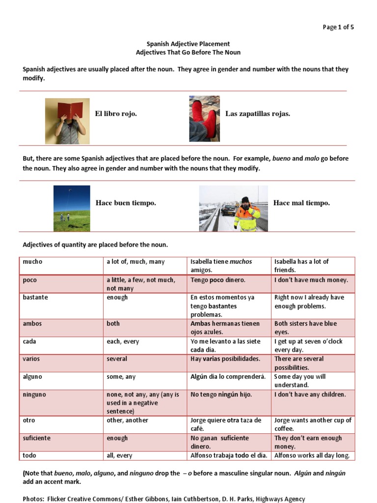 Spanish Adjective Placement-Adjectives That Go Before The Noun | PDF ...
