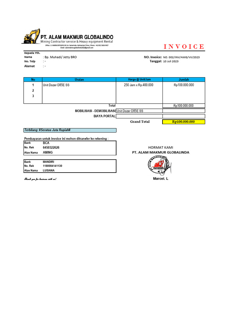 Invoice Dozer d85e Ss 02 Pak Muhadi-1 | PDF