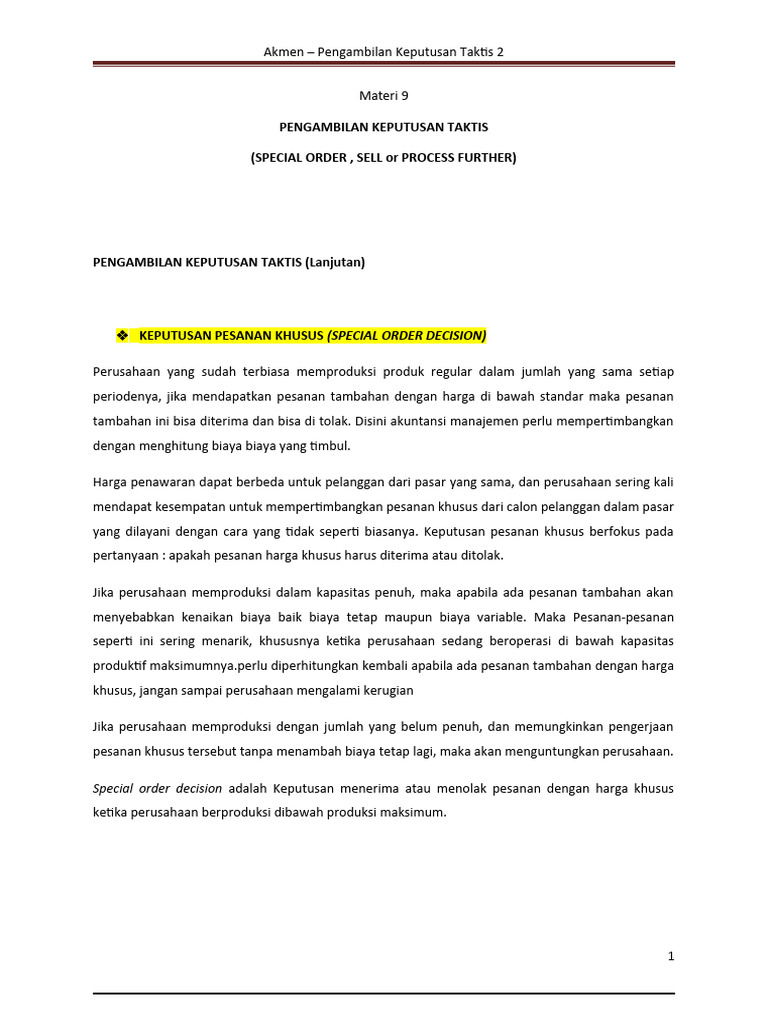 Akmen - 9 - Modul - Pengambilan Keputusan Taktis (Special Order, Sell or Process Futher) | PDF