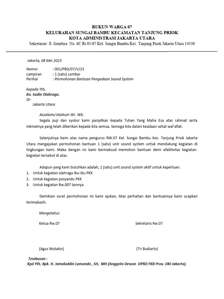 Proposal Pengajuan Sound System RW.007 090813 Am - bb4651 | PDF | Hukum
