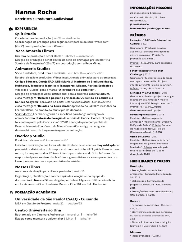 Roteirista e Produtora Audiovisual Hanna Rocha | PDF