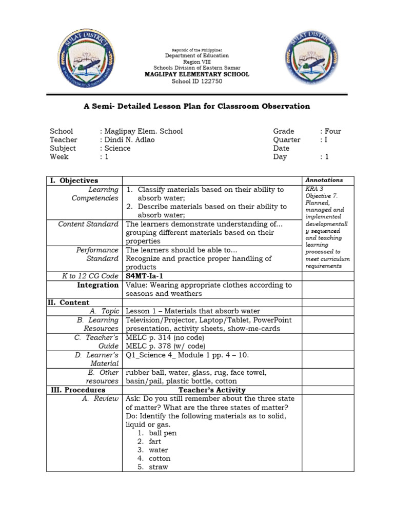LP - COT - Q1 W.annotations RPMS | PDF | Learning | Water