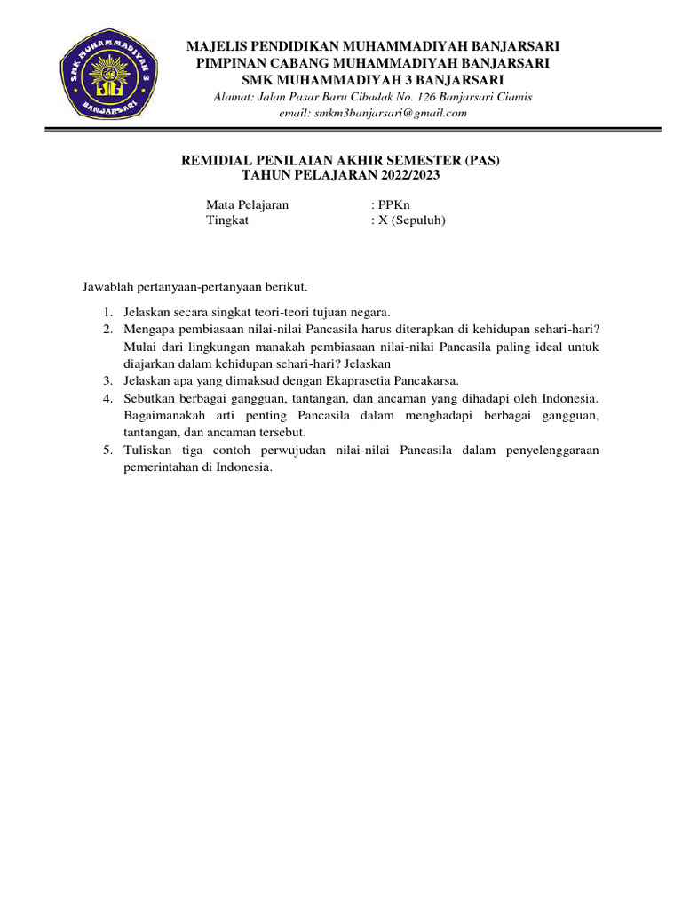 Soal Remidial Ppkn Kelas x - Pas 2022 | PDF
