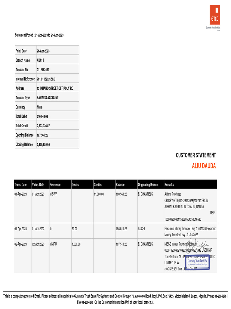 Aliu Dauda: Customer Statement | PDF | Payments | Personal Finance