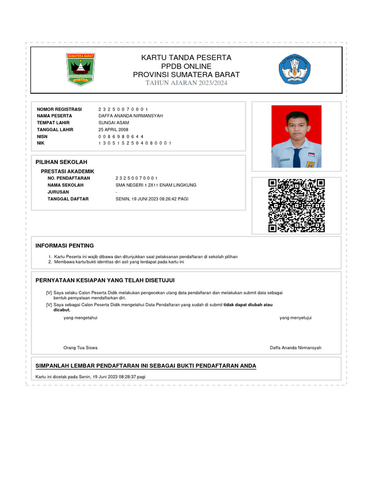 Kartu Pendaftaran Daffa Ananda Nirmansyah | PDF