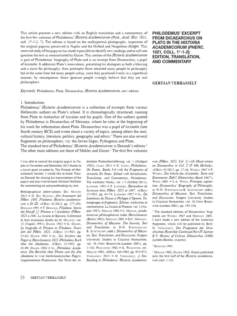 Philodemus Excerpt From Dicaearchus On P | PDF | Plato