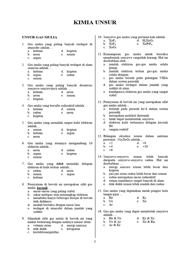 Soal Latihan Kimia Unsur (New) | PDF | Sains & Matematika