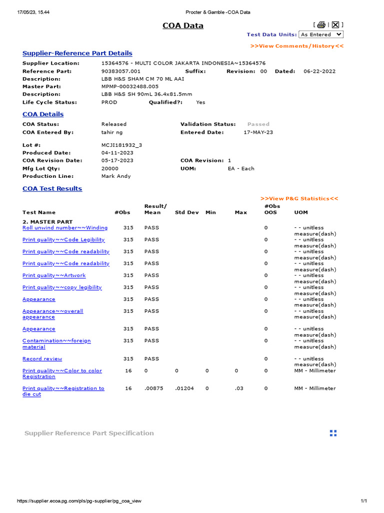 COA Data: Supplier-Reference Part Details | PDF | Statistics | Procter & Gamble