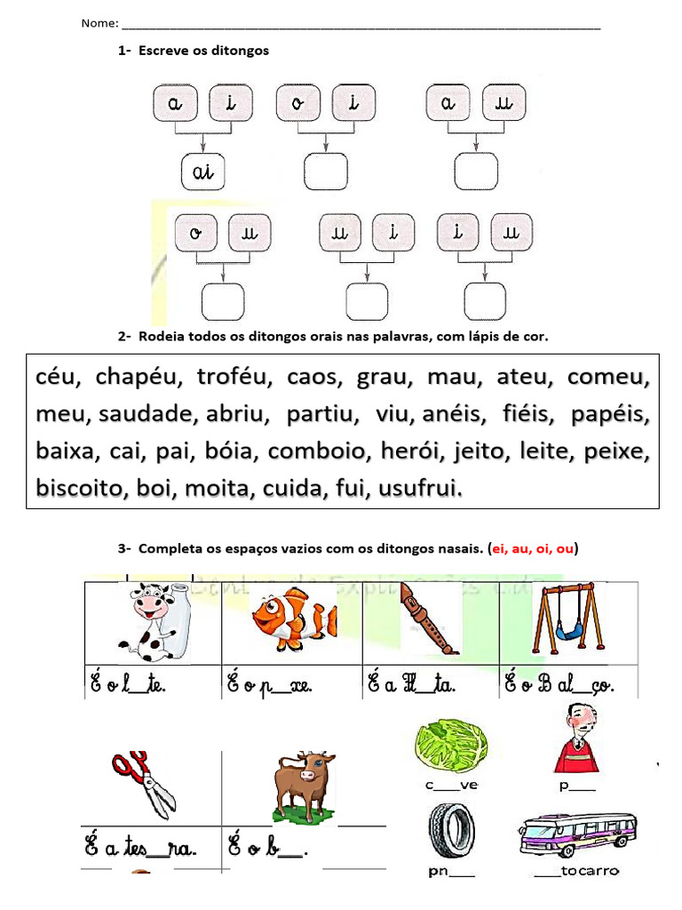 Ficha Ditongos Orais | PDF | Artes Linguísticas e Disciplina