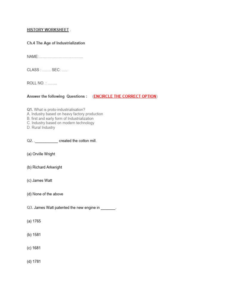 Industrialization History Worksheet | PDF | Secondary Sector Of The ...
