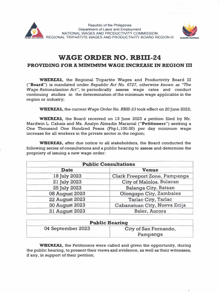 Wage Order Region Iii - 24 (Oct 16, 2023) | PDF
