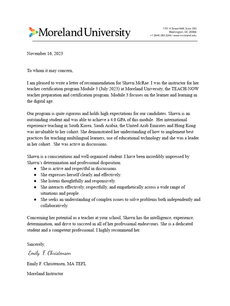 Shawn Mcrae Letter - Emily Christensen Module 3 | PDF
