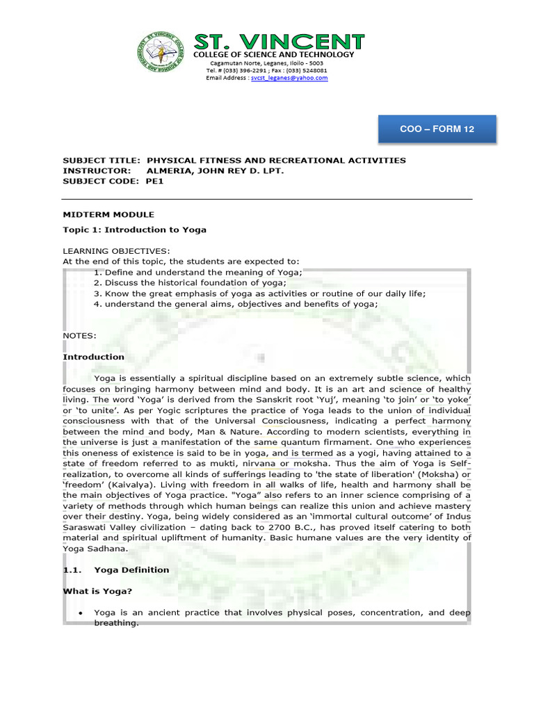 Almeri Pathfit 1 Midterm Module Ba 1 A Ivisan Bsba 1 Ab Leganes | PDF | Hatha Yoga | Asana