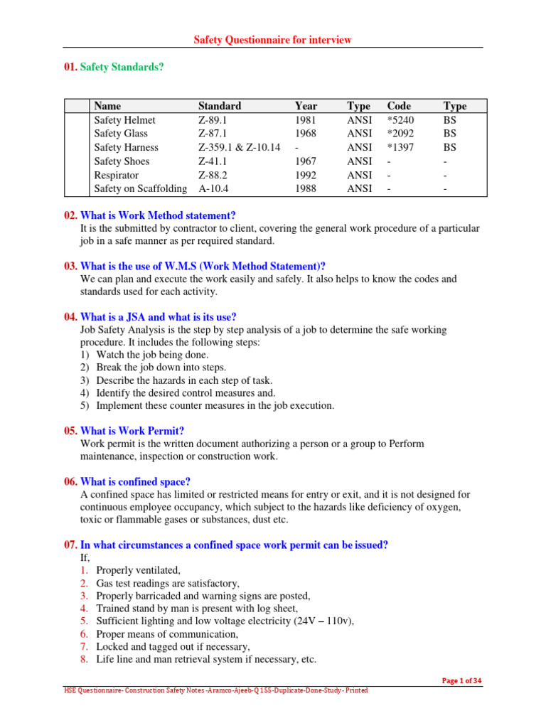 HSE Questionnaire - Construction Safety Notes - Aramco Ajeeb HSEO-Q 155 ...
