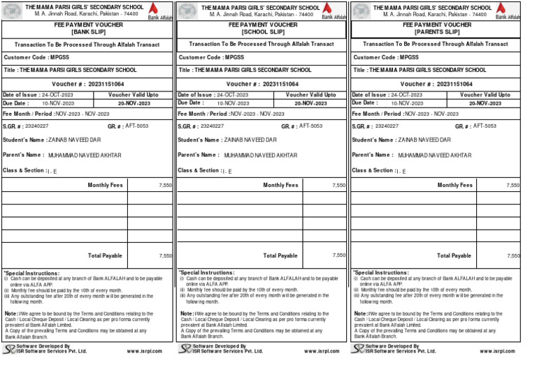 Fee Payment Voucher (Bank Slip) Fee Payment Voucher (School Slip) Fee ...