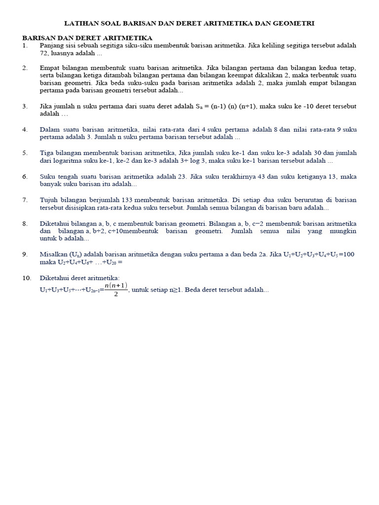Latihan Soal Barisan Dan Deret Aritmetika Dan Geometri | PDF