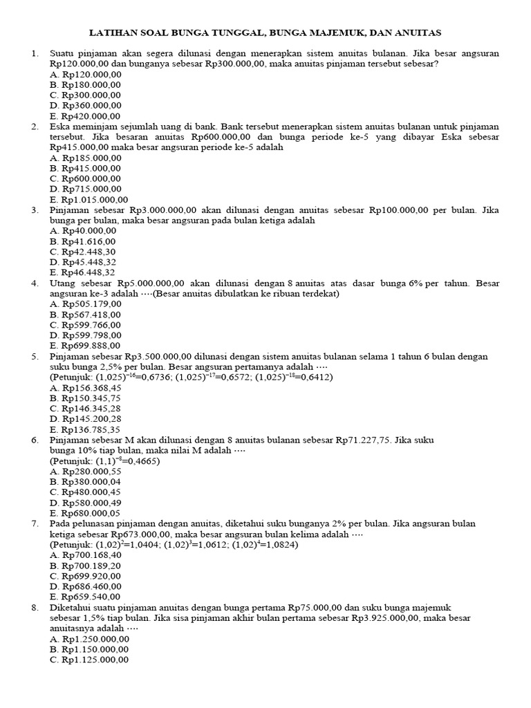 LATIHAN SOAL BUNGA TUNGGAL, Bunga Majemuk, Dan Anuitas | PDF