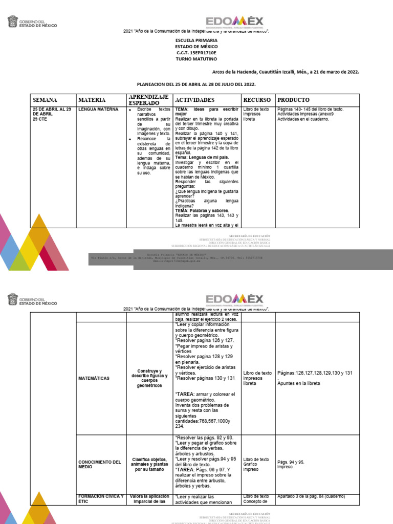 Planeación Abril-Julio Segundo Grado Monica Monroy | PDF | Educación ...