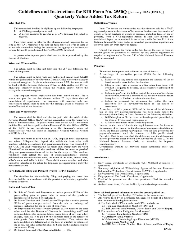 BIR Form 2550Q Filing Guidelines | PDF | Value Added Tax | Taxes