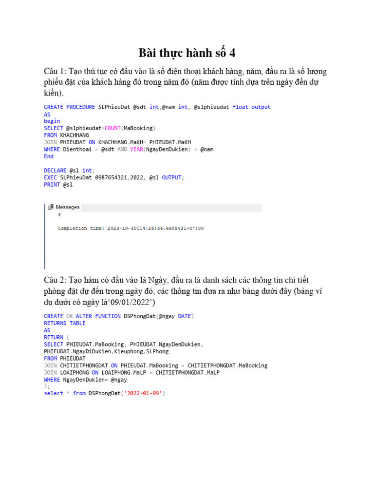 Bài thực hành số 4: Create Procedure int int float output AS begin Select From ON Where End ...