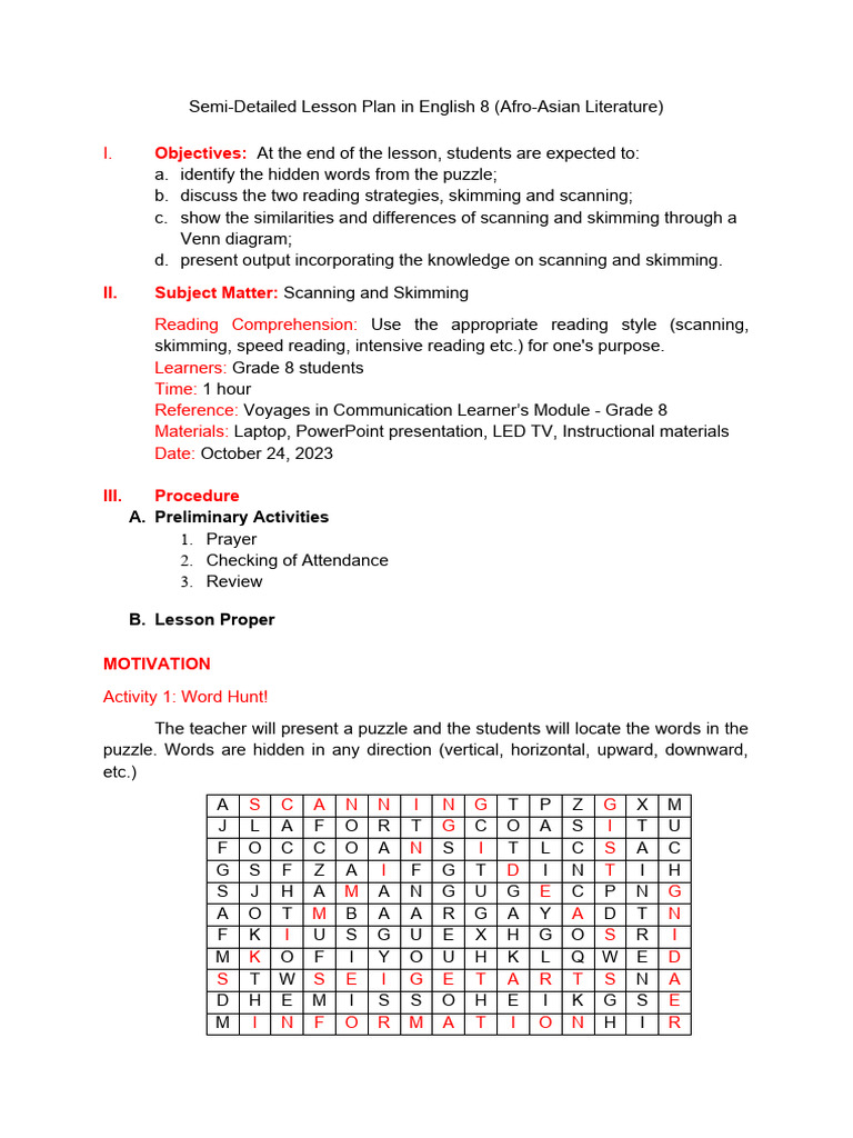 Semi-Detailed Lesson Plan in English 8 | PDF | Speed Reading | Lesson Plan