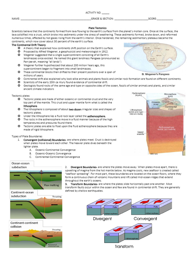 Plate Tectonics Activity Worksheet | PDF | Plate Tectonics | Earth