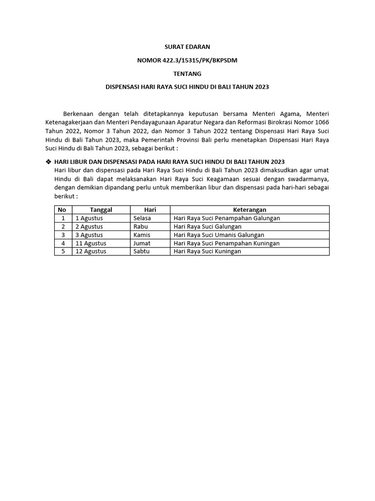 SURAT EDARAN LIBUR GALUNGAN Dan KUNINGAN | PDF SURAT EDARAN LIBUR GALUNGAN Dan KUNINGAN | PDF